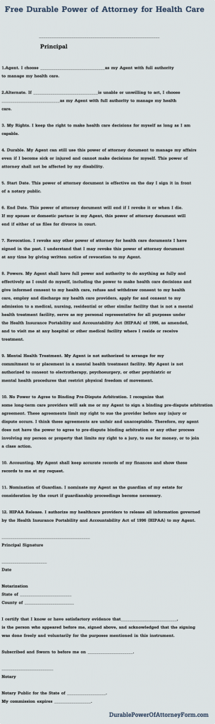 Free Durable Power of Attorney for Health Care Form - Durable Power of ...